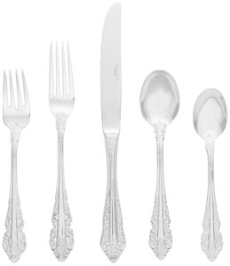 wallace antique baroque 65-piece 18/10 stainless steel flatware set, service for 12, silver