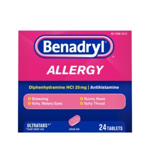 benadryl ultratabs antihistamine allergy relief tablets, diphenhydramine hcl 25mg, 24 count (pack of 2)