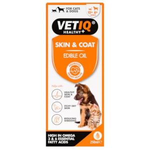 vetiq skin & coat, 250ml, promotes healthy skin & coat with omega 3 oil, dog grooming supplement helps reduce shedding, dog & cat supplements for dry, itchy skin