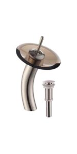 single lever vessel glass waterfall bathroom faucet satin nickel with brown clear glass disk and matching pop up drain