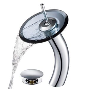 single lever vessel glass waterfall bathroom faucet chrome with black clear glass disk and matching pop up drain