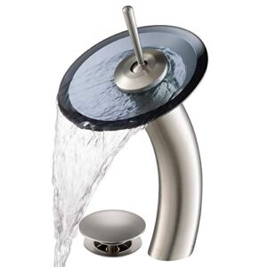 single lever vessel glass waterfall bathroom faucet satin nickel with black clear glass disk and matching pop up drain