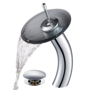 single lever vessel glass waterfall bathroom faucet chrome with black frosted glass disk and matching pop up drain