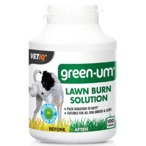 vetiq green-um dog urine neutraliser, 100 tablets, urine neutraliser lawn burn solution, puppy essentials controls nitrogen in urine to prevent lawn yellow spots, wee neutraliser for all breeds/sizes