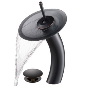 kraus tall waterfall bathroom faucet for vessel sink with frosted black glass disk and pop-up drain, oil rubbed bronze kgw-1700-pu-10orb-blfr