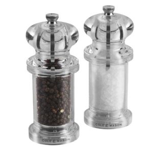 cole & mason 505 salt and pepper grinder set - clear acrylic mills includes precision mechanisms and premium sea salt and peppercorns