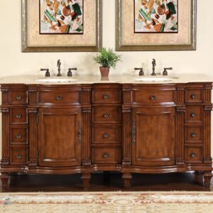 silkroad exclusive travertine stone top double sink bathroom vanity with furniture bath cabinet, 72", medium wood