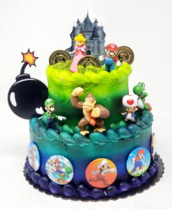 mario brothers 23 piece birthday cake topper set featuring mario castle, bomb, mario coins, 6 mario figures including mario, luigi, princess peach, toad, yoshi, donkey kong, and 12 mario 1"