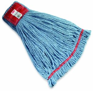 rubbermaid commercial products web foot shrinkless wet mop head replacement, large, 5-inch red headband, blue, heavy duty industrial wet mop for floor cleaning office/school/stadium/lobby/restaurant