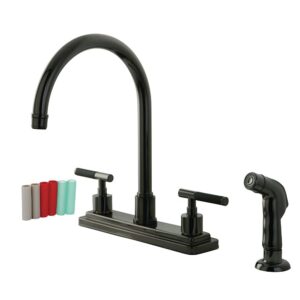 kingston brass ns8790dklsp water onyx 8 inch centerset kitchen faucet with lever handle and matching side sprayer, black stainless steel