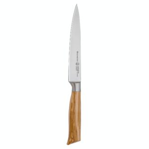 messermeister oliva elite 6” utility knife - fine german steel alloy blade & natural mediterranean olive wood handle - rust resistant & easy to maintain