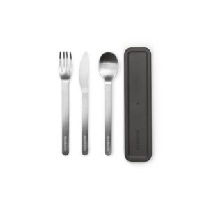 brabantia make & take cutlery set with case (set of 3) travel knife, spoon, & fork, hygienic compact design, stainless steel, dishwasher safe