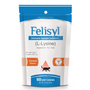 felisyl immune system support for cats - amino acid l-lysine - produce antibodies - healthy tissue, respiratory health, vision - 60 soft chews