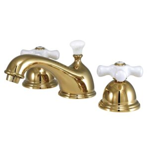 widespread bathroom faucet with double porcelain cross handles finish: polished brass