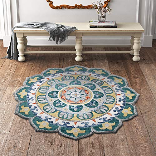 LR Home 4ft Round Indoor Natural Wool Area Rug for Home Decor | Carpet for Bedroom, Living Room, entryway, playroom | Hand Tufted Modern Farmhouse Boho Area Rug for Room Decor | Multi/Teal/Yellow