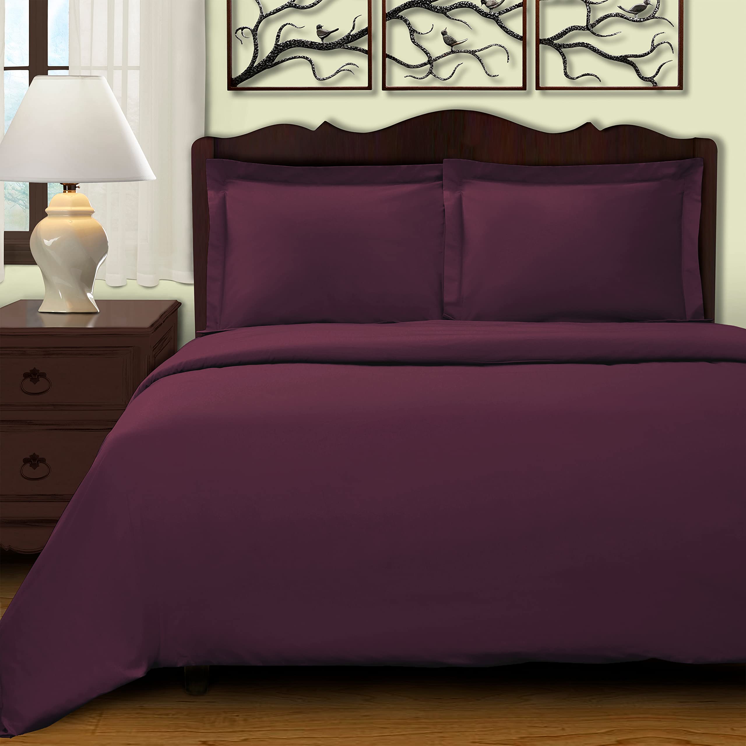 Superior Egyptian Cotton 400 Thread Count Duvet Cover Set, Soft Bedding, 1 Duvet Cover with Button Closure, 2 Pillow Shams, Luxury, Plush, Hotel, Home Collection, King/California King Size, Plum