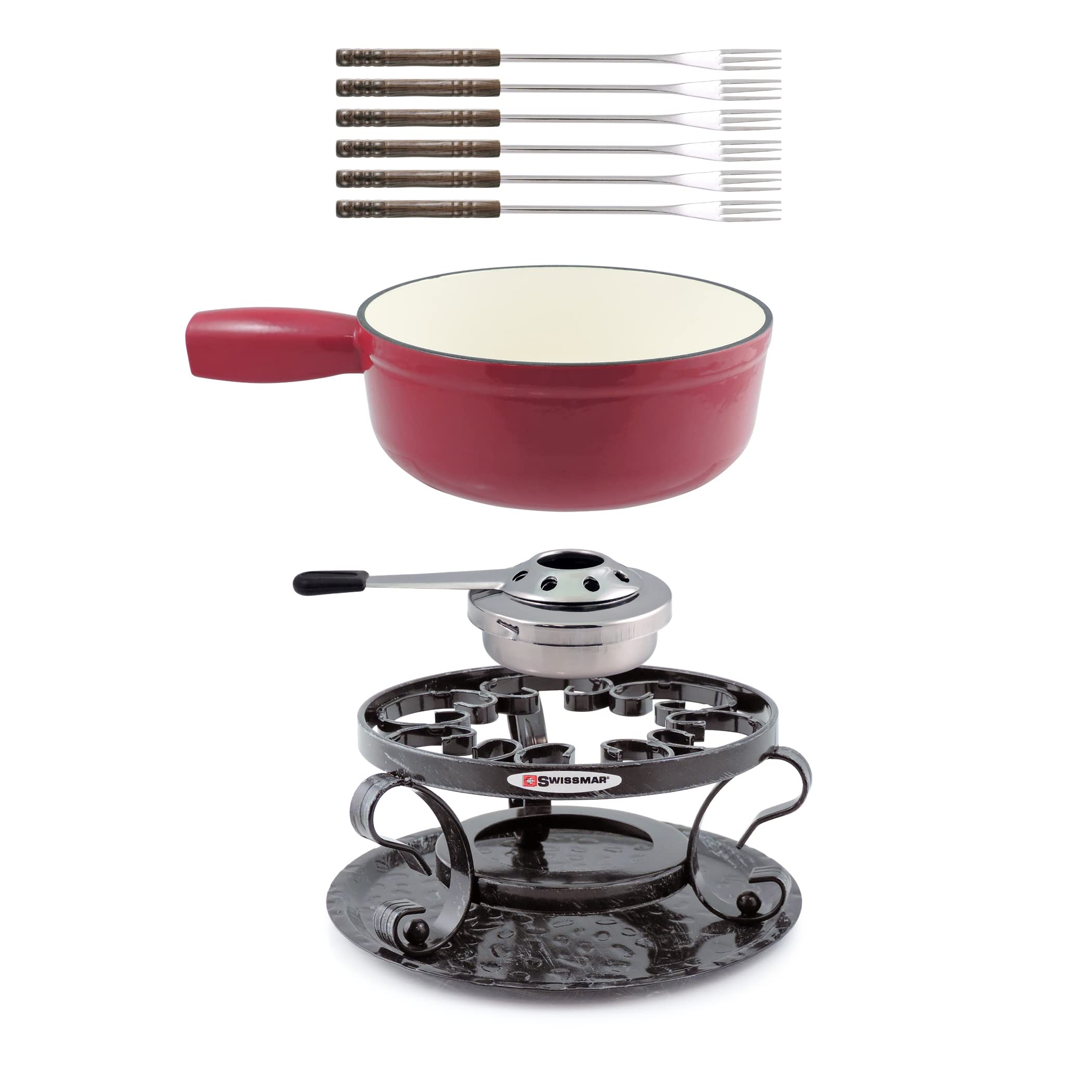 Swissmar KF-66517 Lugano 2-Quart Cast Iron Cheese Fondue Set, 9-Piece, Cherry Red