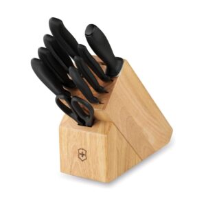 victorinox swiss classic knife block - kitchen knife set with block for home essentials - includes chef's knife, santoku knife & more - black handles, 15-piece set