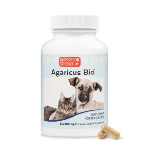 agaricus bio 300mg for canines and felines, beta glucan mushroom pet supplement to boost critical immune defense & cellular health, antioxidant powder, energy support for old dogs and cats, 60 caps