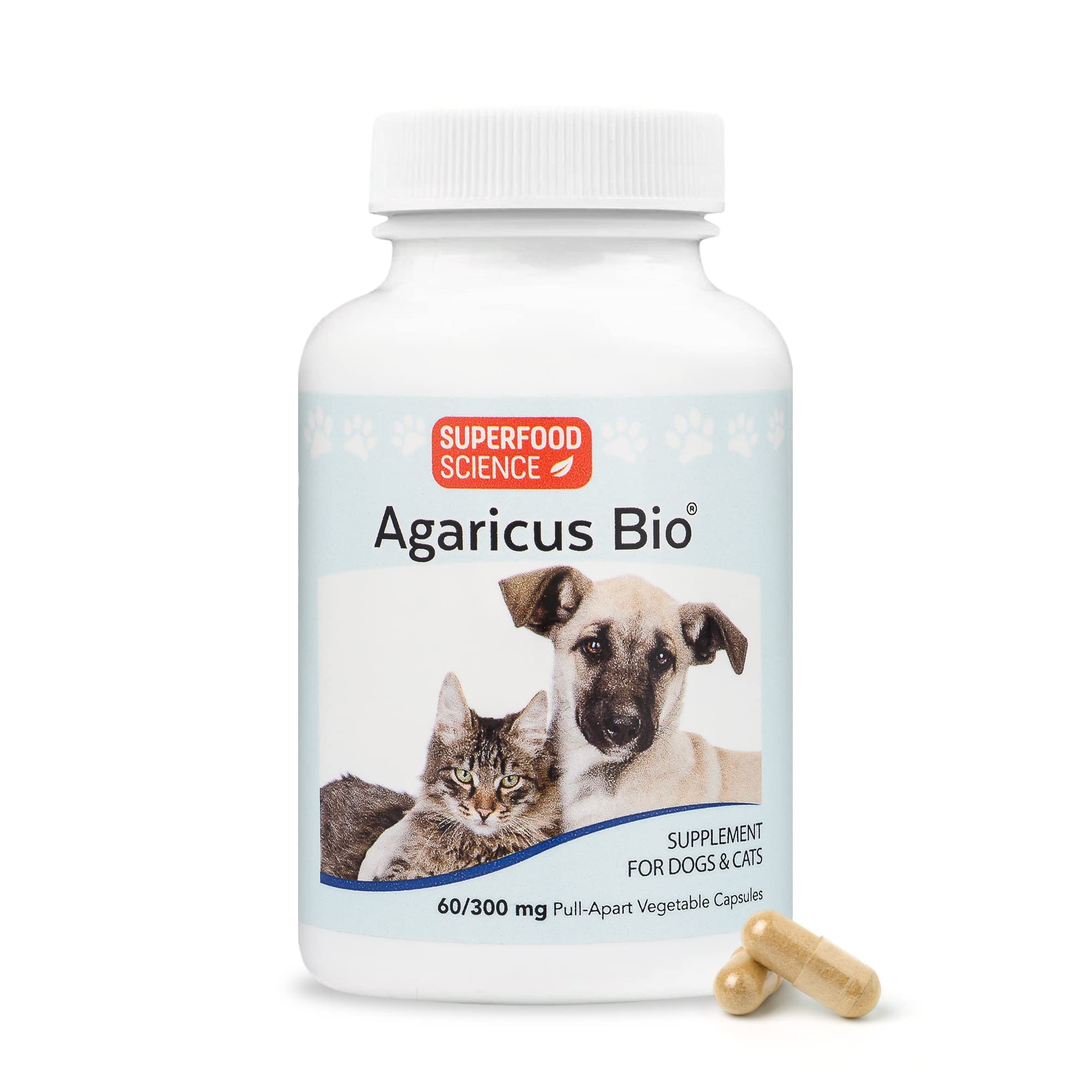 Agaricus Bio 300mg for Canines and Felines, Beta Glucan Mushroom Pet Supplement to Boost Critical Immune Defense & Cellular Health, Antioxidant Powder, Energy Support for Old Dogs and Cats, 60 caps