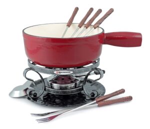 swissmar kf-66517 lugano 2-quart cast iron cheese fondue set, 9-piece, cherry red