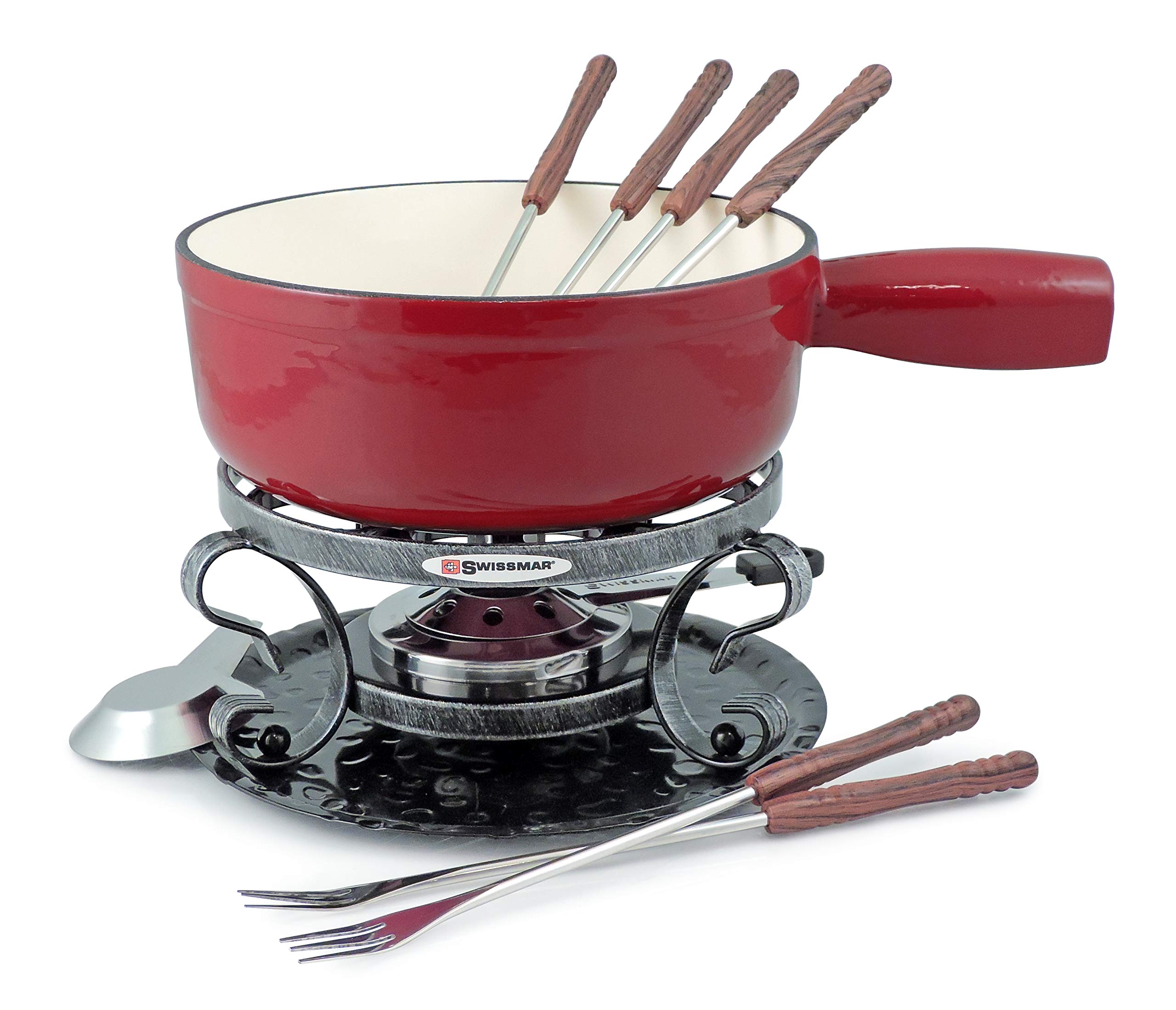 Swissmar KF-66517 Lugano 2-Quart Cast Iron Cheese Fondue Set, 9-Piece, Cherry Red