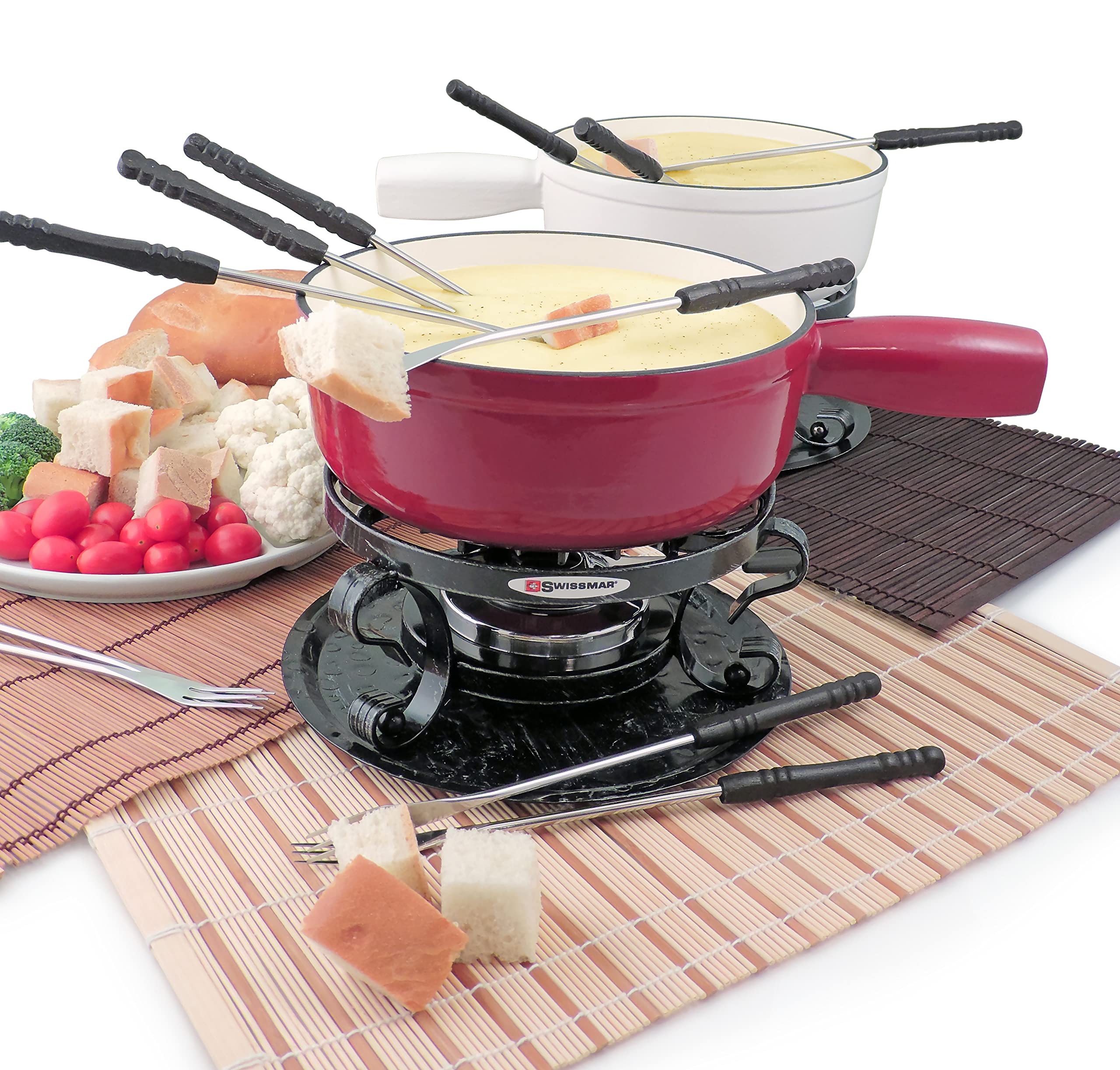 Swissmar KF-66517 Lugano 2-Quart Cast Iron Cheese Fondue Set, 9-Piece, Cherry Red