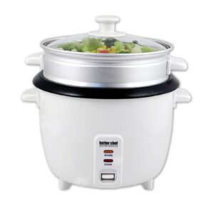 better chef basic rice cooker with food steamer | glass lid | non-stick | cool-touch | paddle and cup included (10-cup, white)