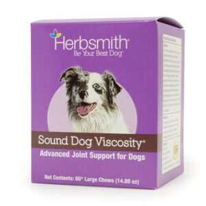 herbsmith sound dog viscosity – advanced joint support for dogs – veterinarian recommended glucosamine for dogs, hyaluronic acid, chondroitin, msm – natural arthritis pain relief – 60ct large chews