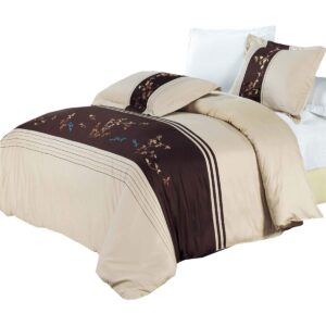 sheetsnthings 3 piece celeste duvet cover set, 100% cotton -beige & chocolate king/california king- embroidered duvet covers