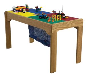 fun builder table-compatible with lego® brand blocks with built in mesh net 32"x16" made in usa! solid wood frame and legs. built to last! ages 5 and older!