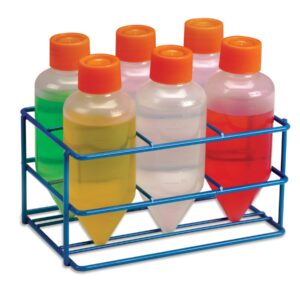 heathrow scientific coated wire centrifuge bottle rack, holds 6 bottles, autoclavable, chemical-resistant, blue