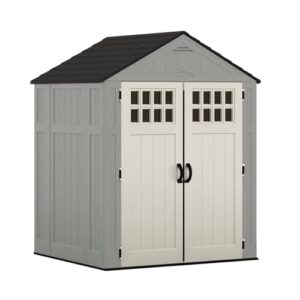 suncast everett 6' x 5' heavy-duty resin outdoor storage shed with pad-lockable double doors and windows, all-weather shed for yard storage, dove gray