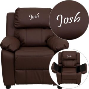 flash furniture brown leathersoft bt-7985-kid-brn-lea-emb-gg: personalized deluxe padded kids recliner with storage arms