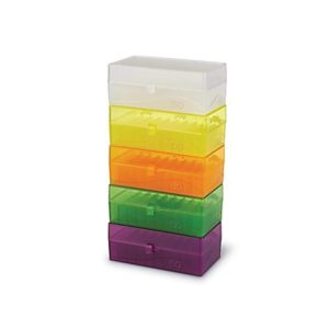 heathrow scientific 50 well microtube storage box with snap clasp, fits 1.5/2.0ml tubes and vials, polypropylene, assorted colors (blue, green, purple, yellow, orange), pack of 5