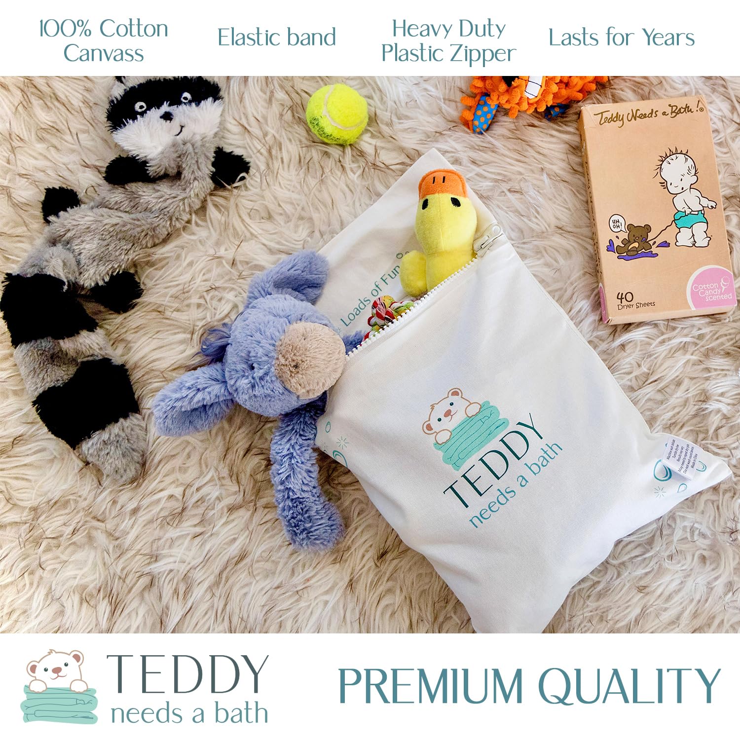 Teddy Needs A Bath! Premium Quality Washer Bag/Dryer Bag, Laundry Bag for Toys, Dolls, Plush Animals and Delicate Clothes, Suitable for Washer and Dryers, (20” x 30”) - 100% Cotton - Large