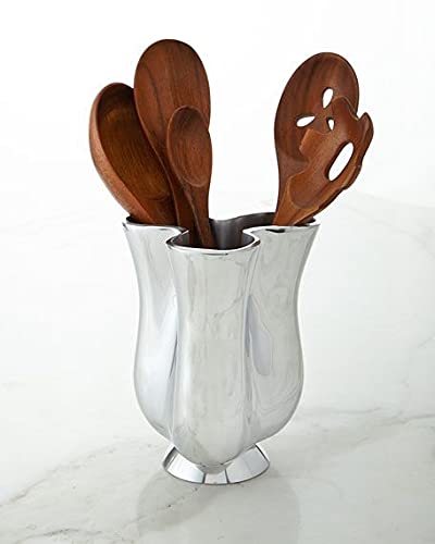 nambe Tulip Tool Jug with 5 Piece Kitchen Tool Set | Utensil Holder for Countertop with Assorted Kitchen Utensils | Made from Nambe Alloy and Acacia Wood