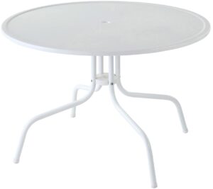 crosley furniture griffith retro metal round outdoor dining table with umbrella hole for outside patio, alabaster white