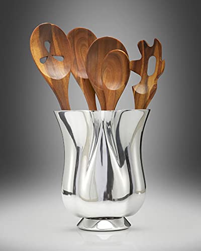 nambe Tulip Tool Jug with 5 Piece Kitchen Tool Set | Utensil Holder for Countertop with Assorted Kitchen Utensils | Made from Nambe Alloy and Acacia Wood