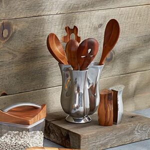 nambe Tulip Tool Jug with 5 Piece Kitchen Tool Set | Utensil Holder for Countertop with Assorted Kitchen Utensils | Made from Nambe Alloy and Acacia Wood