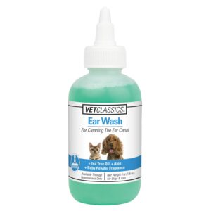 vet classics ear wash liquid formula for dogs & cats – pet ear wash formula cleans dog, cat ear canals – includes aloe, tea tree oil – helps remove pet ear wax, dirt, debris – 4 oz.