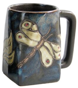 one (1) mara stoneware collection - 12 ounce coffee or tea cup collectible square bottom mug - dragonfly/insects design