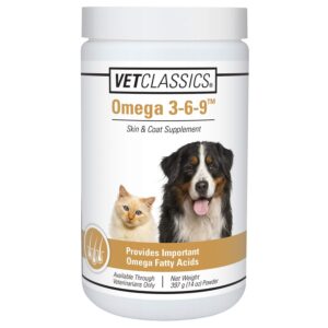 vet classics omega 3-6-9 pet skin & coat dog supplement – supports health skin for cats, glossy coats for pets – pet health supplement for cat skin, dog skin – omega fatty acids – powder 14 oz.