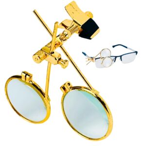 maximize double loupe clip on to eyeglass frames | magnification 5x and 10x power | gold tone color | built for jewelry repair, watchmaking, electronics repair, and steampunks