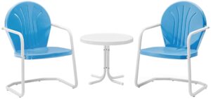 crosley furniture griffith 3-piece outdoor chair and side table set, retro metal bistro patio sets for porch, sky blue