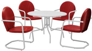 crosley furniture griffith 5-piece outdoor dining set for 4, retro metal round patio table and chairs, coral red