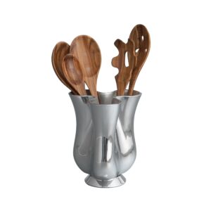 nambe tulip tool jug with 5 piece kitchen tool set | utensil holder for countertop with assorted kitchen utensils | made from nambe alloy and acacia wood