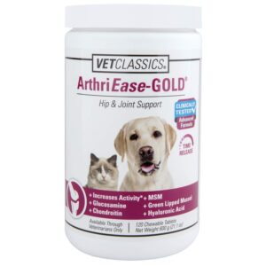 vet classics arthriease-gold hip & joint support for dogs, cats, horses – chewable tablet health supplement – alleviate aches, discomfort – for flexibility, healthy joint – antioxidant - 120 ct