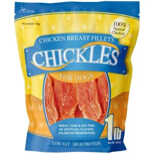 pet health solutions chickles chicken breast fillets for dogs - tested safe, low fat chicken dog treats natural - 100% natural chicken high protein no preservatives propylene glycol free (1 lb)