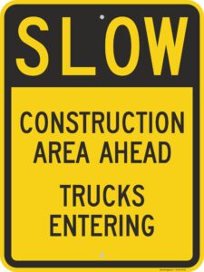 smartsign 24 x 18 inch “slow - construction area ahead, trucks entering” metal sign, 80 mil laminated rustproof aluminum, black and yellow, made in usa